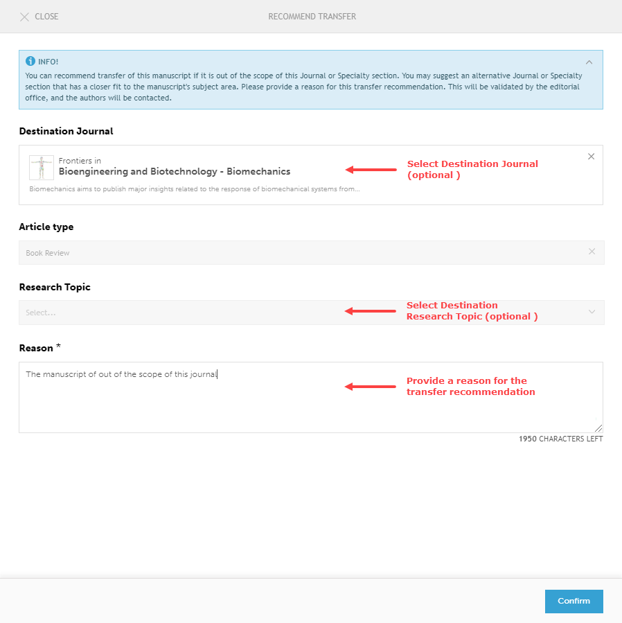 How can I suggest the transfer of a manuscript to a better suited Journal or Section?